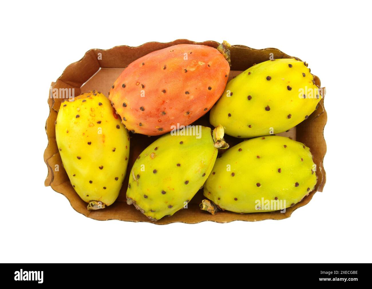 Indian figs opuntia, prickly in a cardboard package isolated on white ...