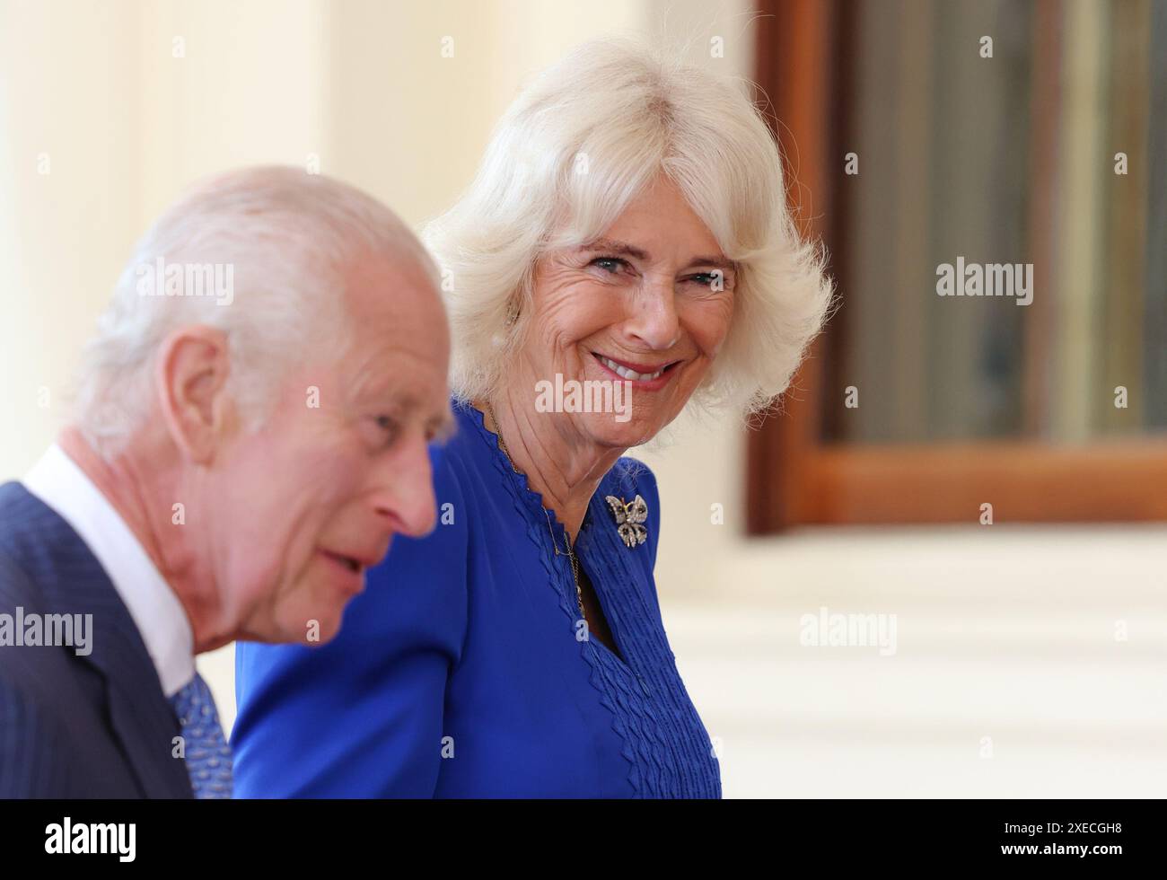 King Charles III and Queen Camilla after they formally bid farewell to Emperor Naruhito and his ...