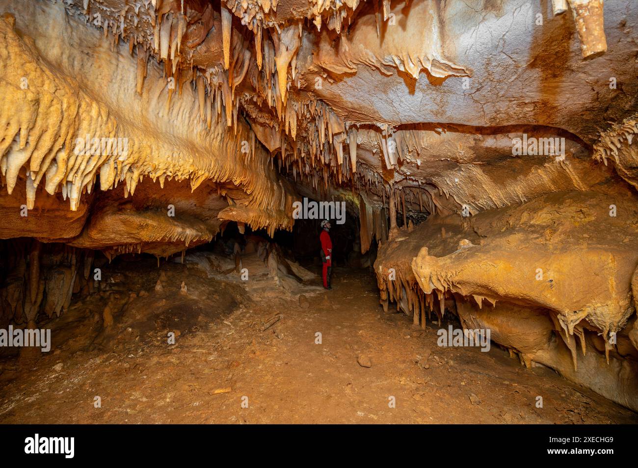 A speleologist with helmet and headlamp exploring a cave with rich ...