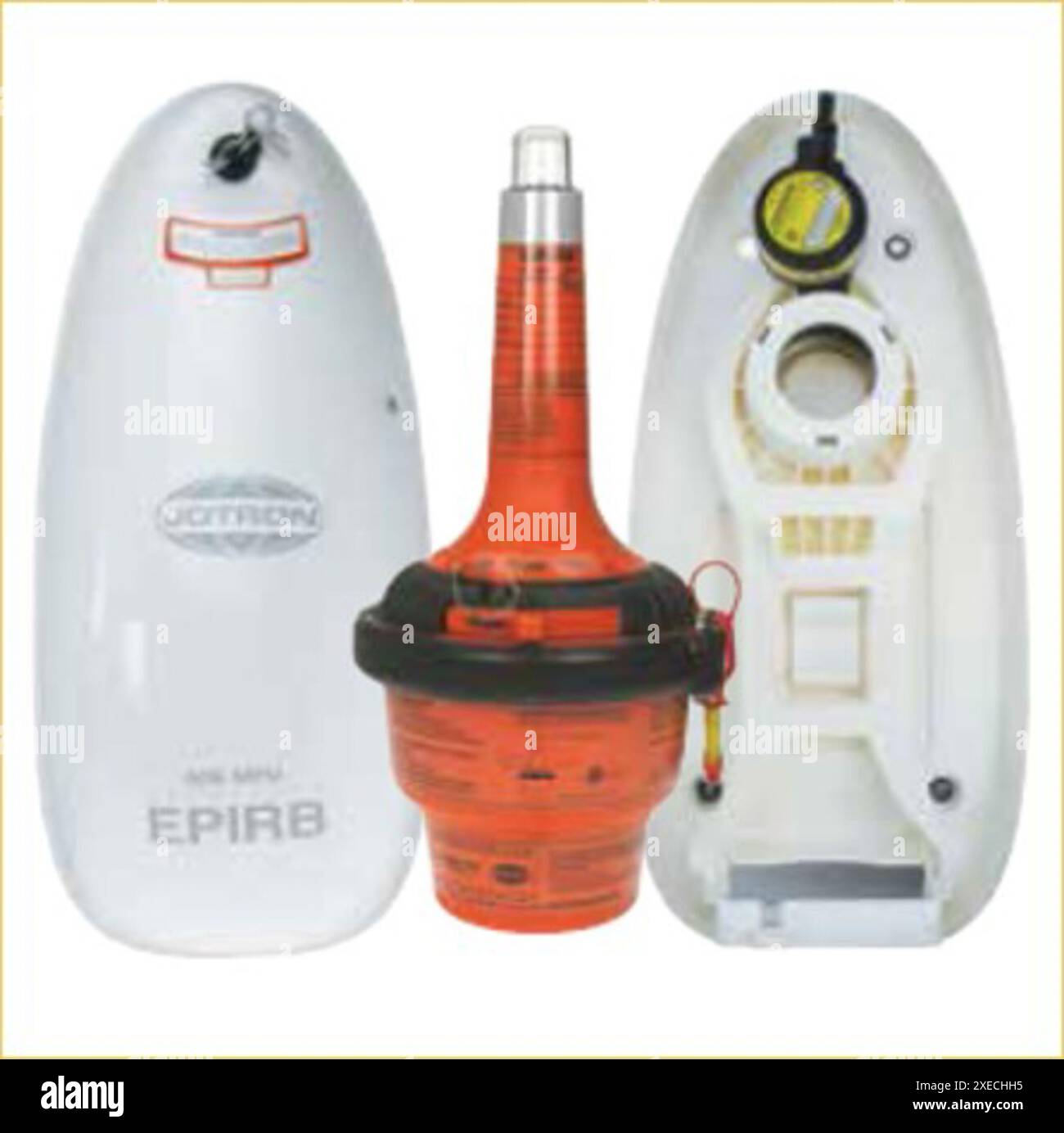 Photo of a commerically available EPIRB and its float-free casing. The ...