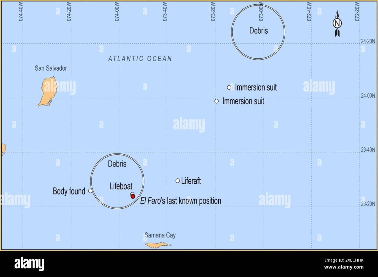 Map showing the location of two surface debris fields, including a ...