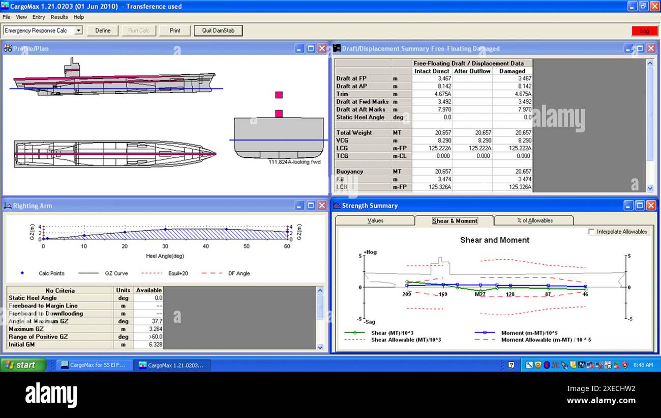 A computer screenshot is taken from El Faro's damage stability module ...