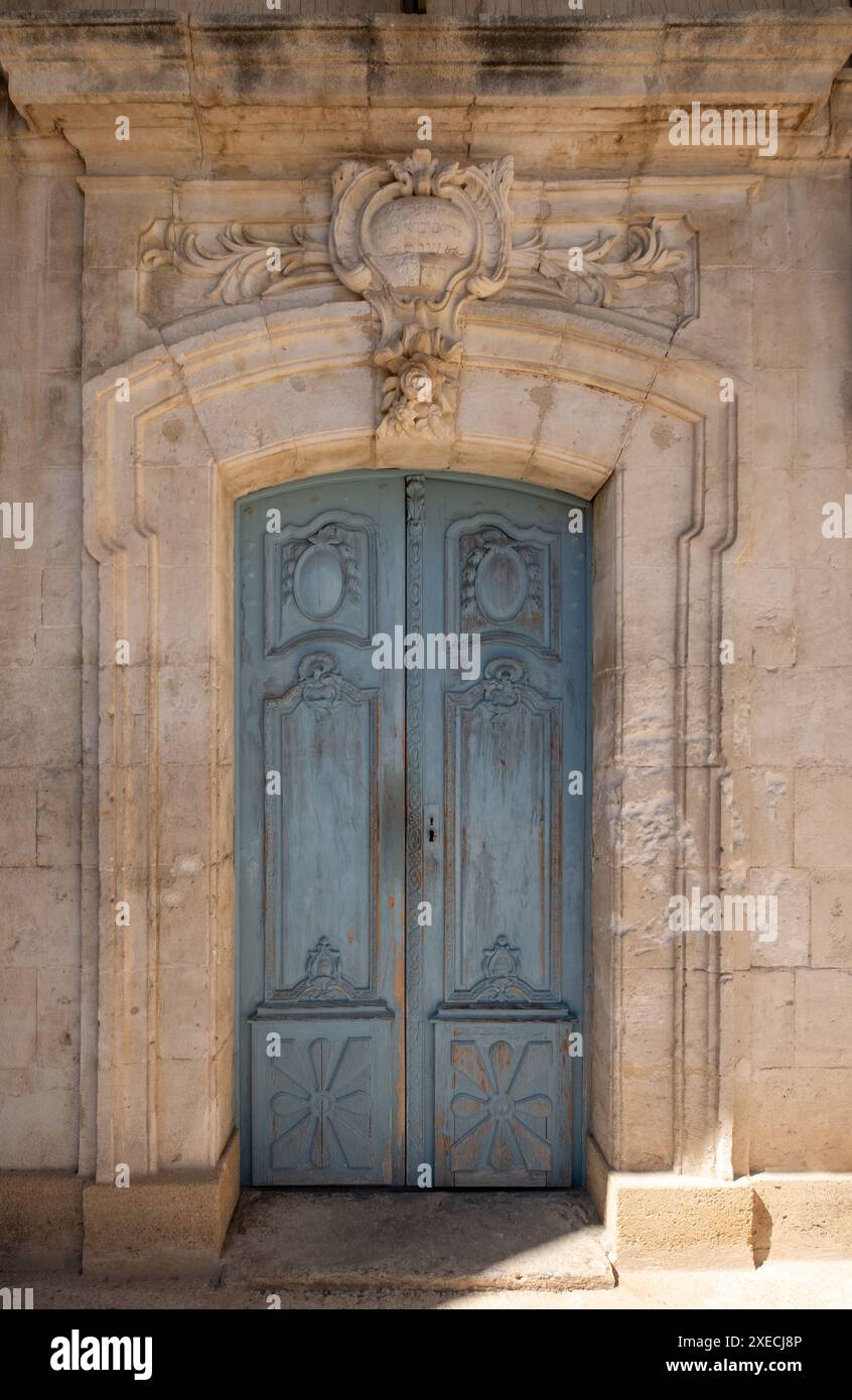 Imposing blue door at the highly ornate historic 18th century Cavaillon ...