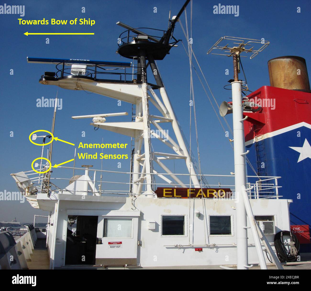 Photo of the wheelhouse and mast of the El Faro, both painted white ...