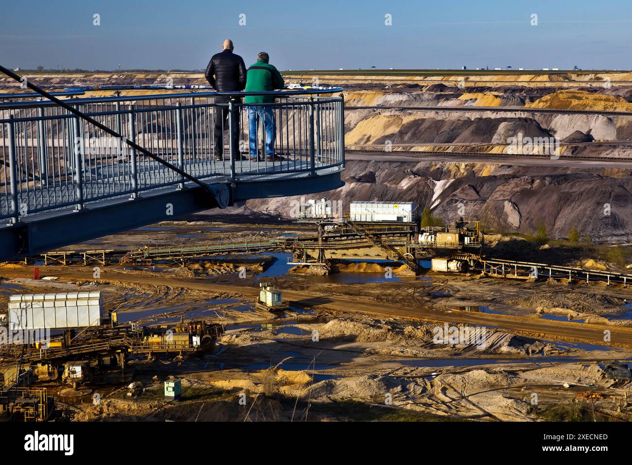 Two men on the jacketrath viewing platform, brown coal opencast mine ...