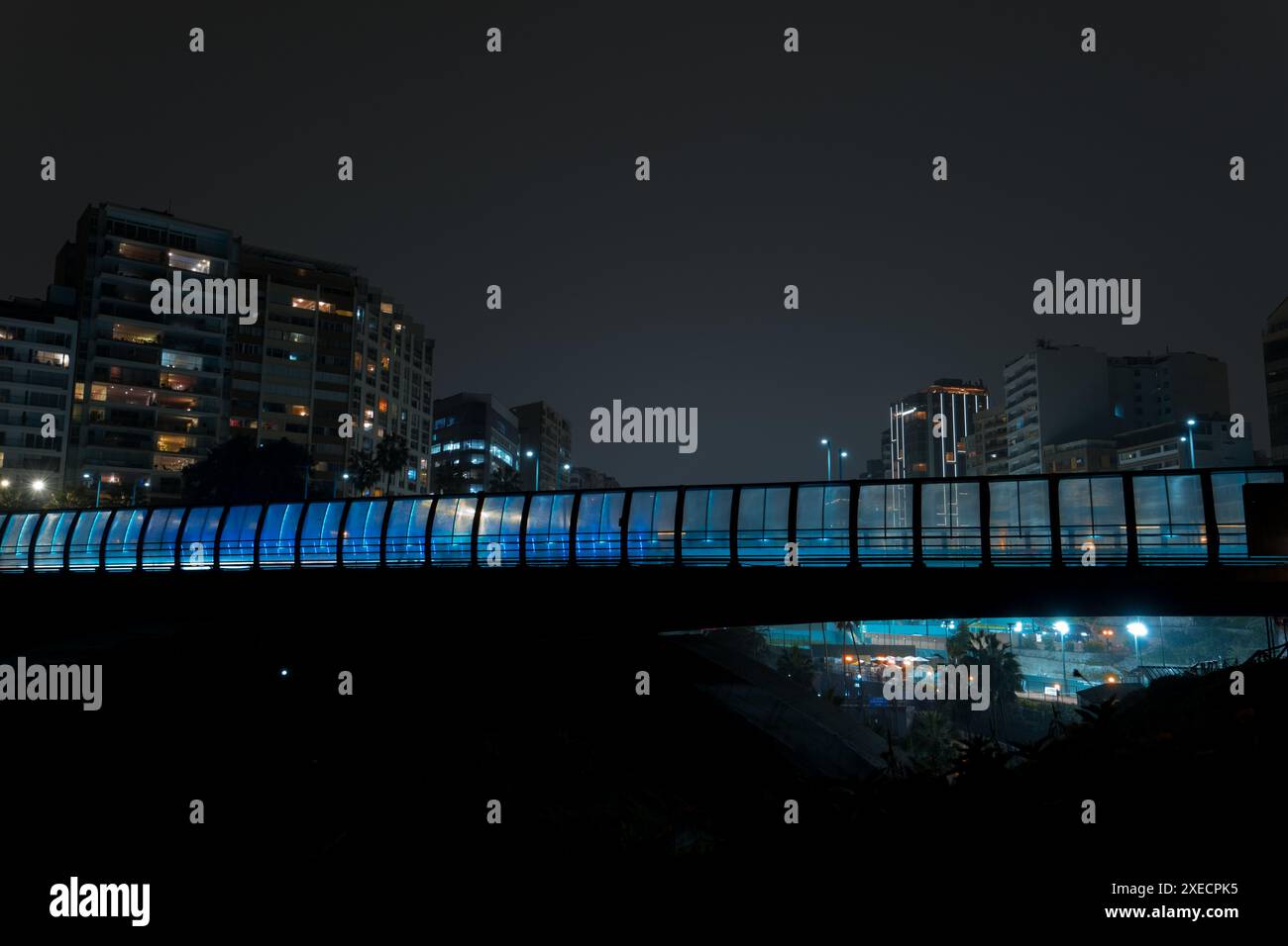 Bridge with a blue light shining on it, Miraflores, Lima Peru. City ...