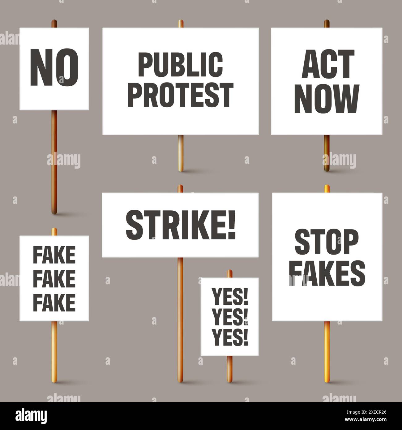 Blank white protest signs with text slogans on wooden holder. Various ...