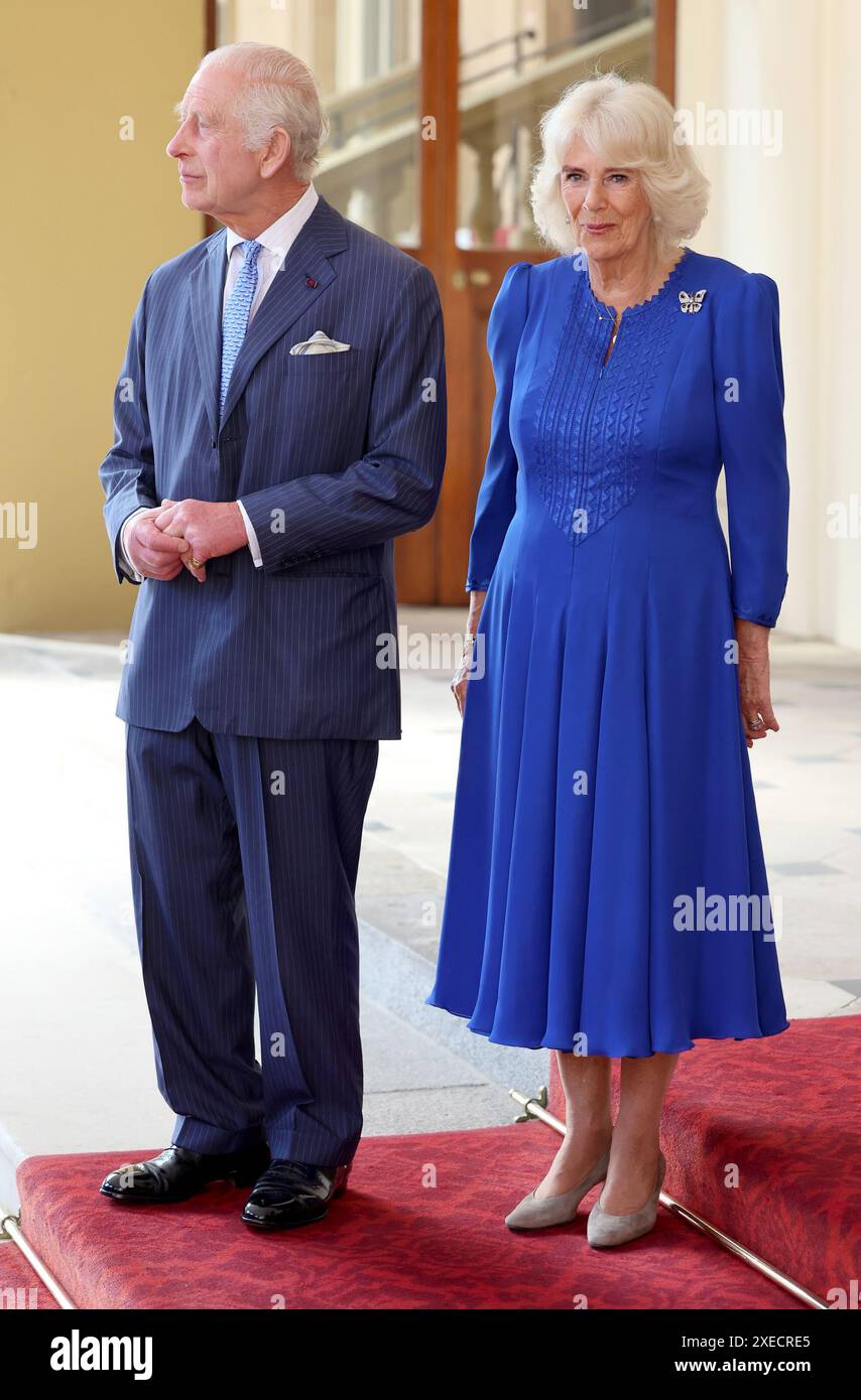 King Charles III and Queen Camilla watch as Emperor Naruhito and his wife Empress Masako of ...