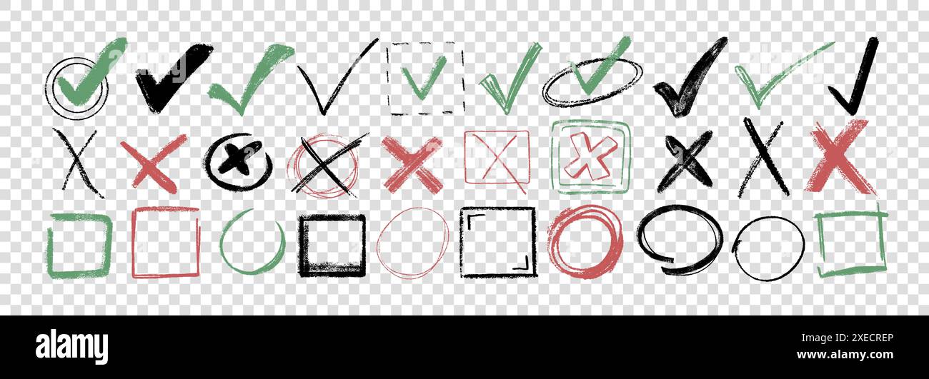 Check marks doodle set. Hand drawn chalk checklist, checkbox, green tick and red cross signs in ...