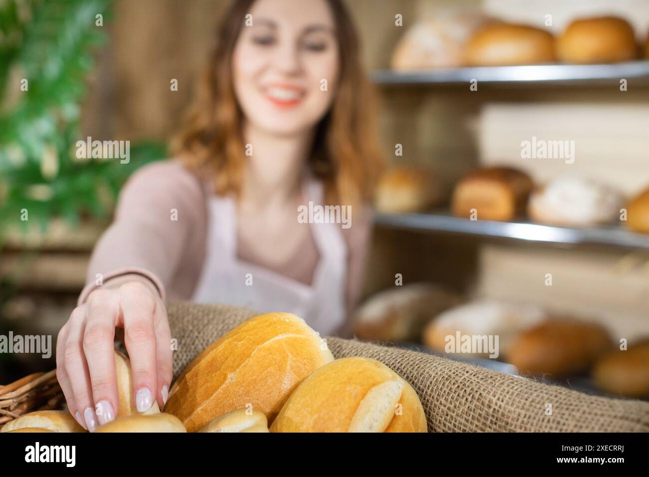An attractive saleswoman arranges the bread on her bakery stand. Family ...