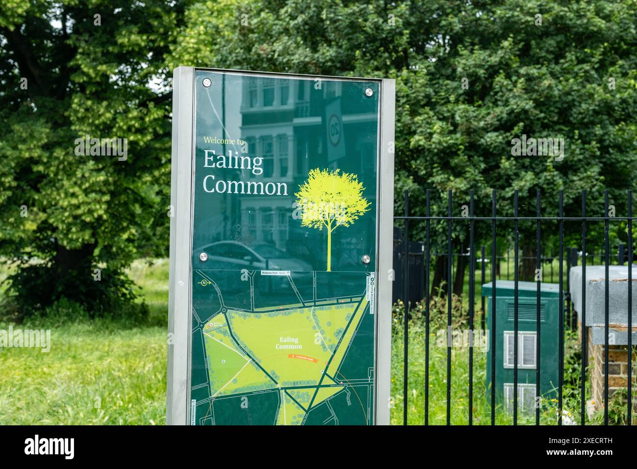LONDON- JUNE 13, 2024: Ealing Common signage. Open park space near ...
