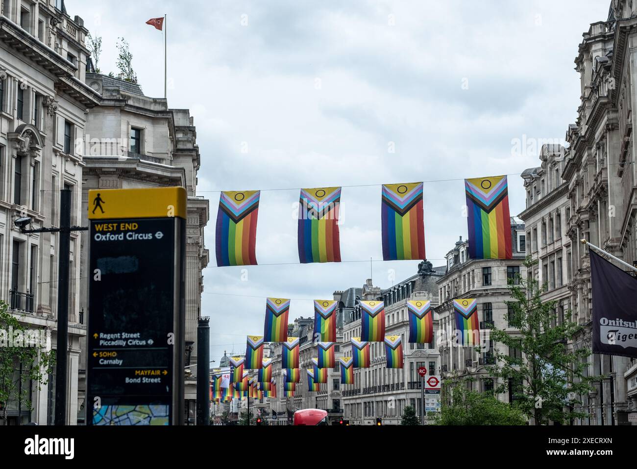 LONDON- JUNE 13, 2024: Pride flags on display on Regent Street, famous ...
