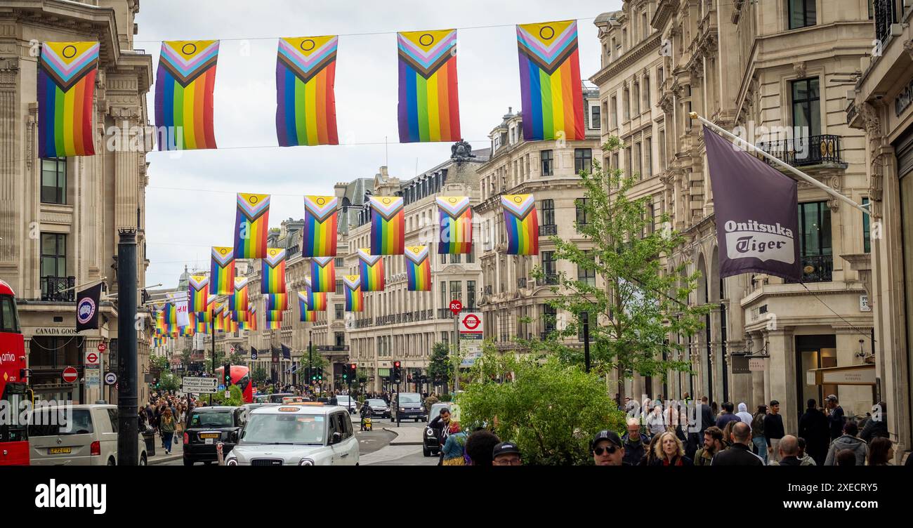LONDON- JUNE 13, 2024: Pride flags on display on Regent Street, famous ...