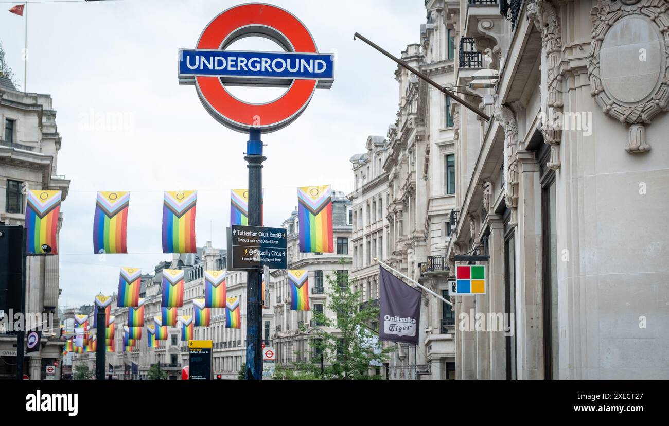 LONDON- JUNE 13, 2024: Pride flags on display on Regent Street, famous ...