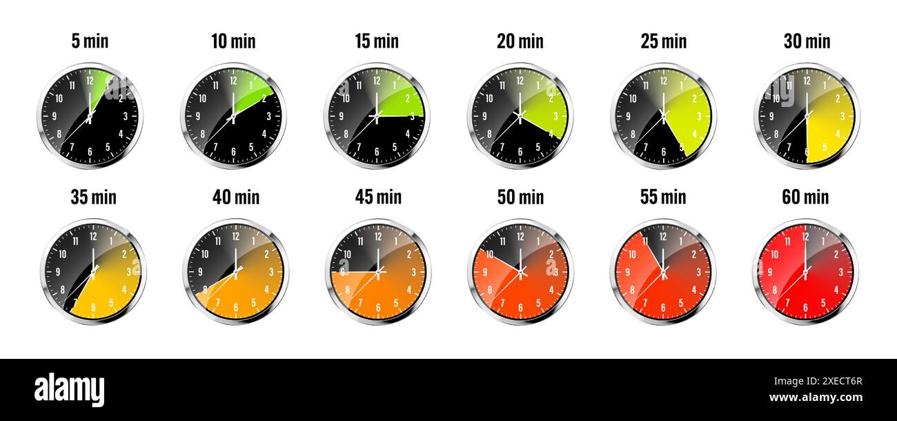 Wall clock, stopwatch icons. Shiny metal chronometer, time counter with ...