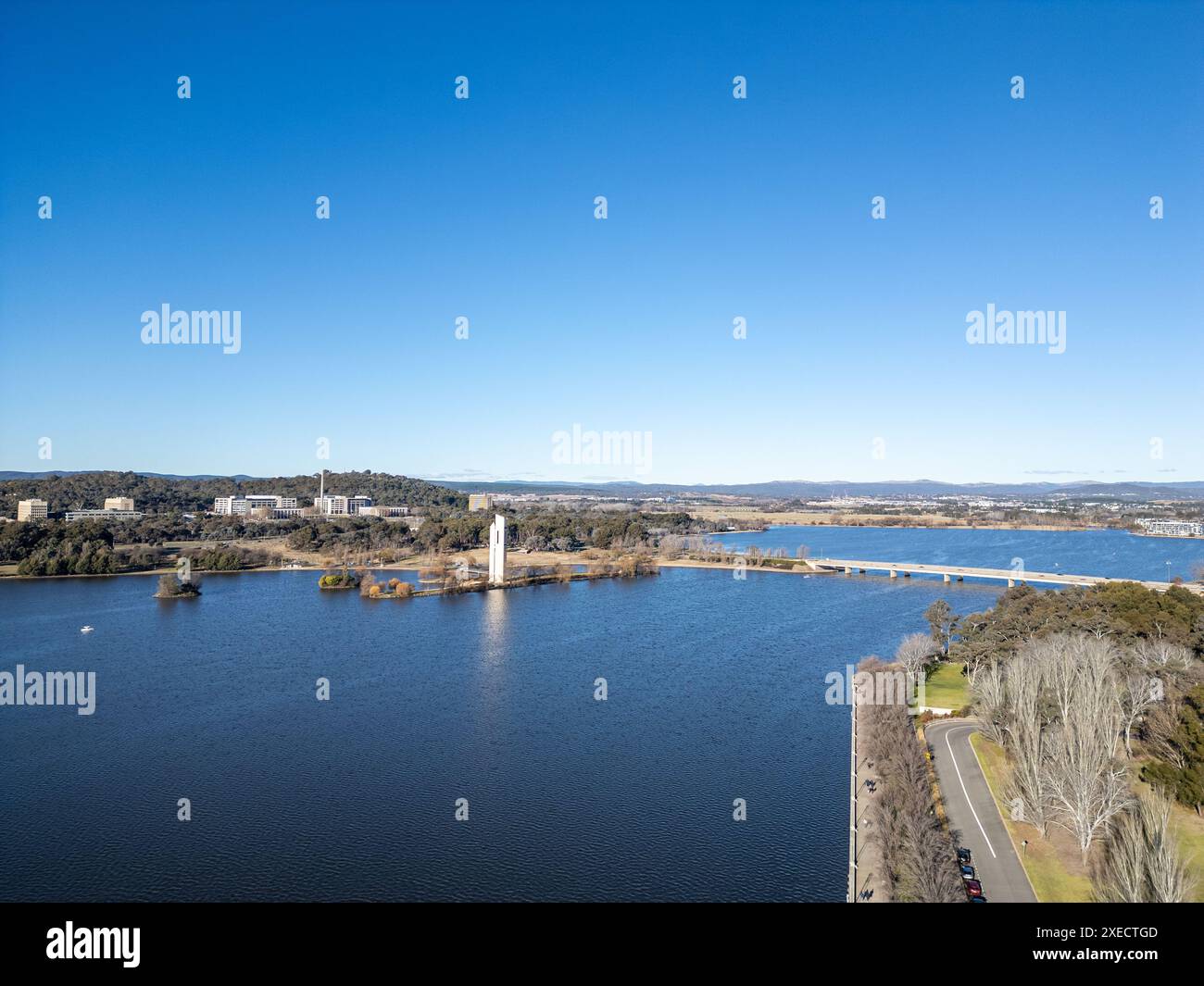 Aerial view of Lake Burley Griffin in Canberra with the National Carillon and Kings Avenue ...