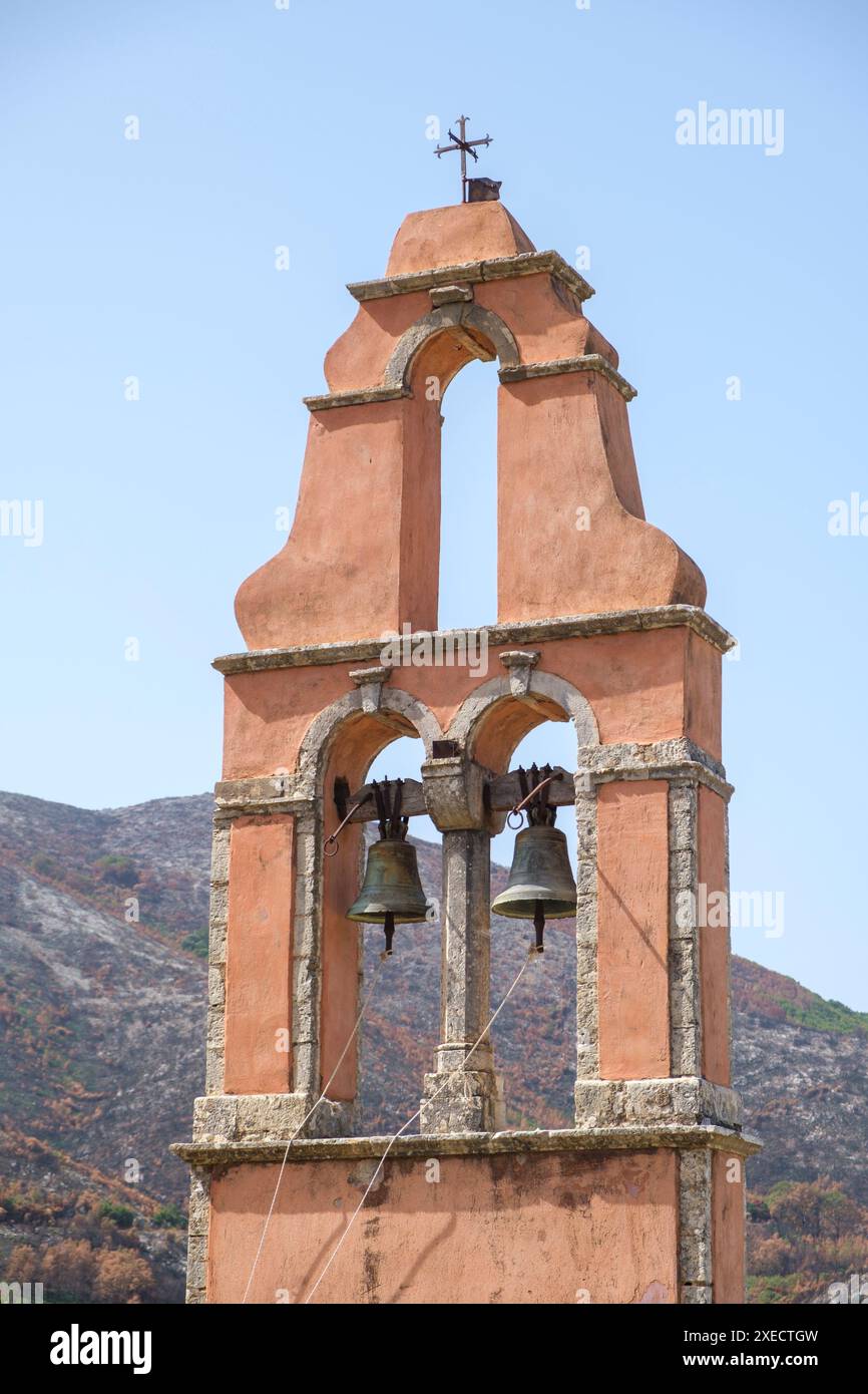 An old tower with bells at the entrance to a church Stock Photo - Alamy