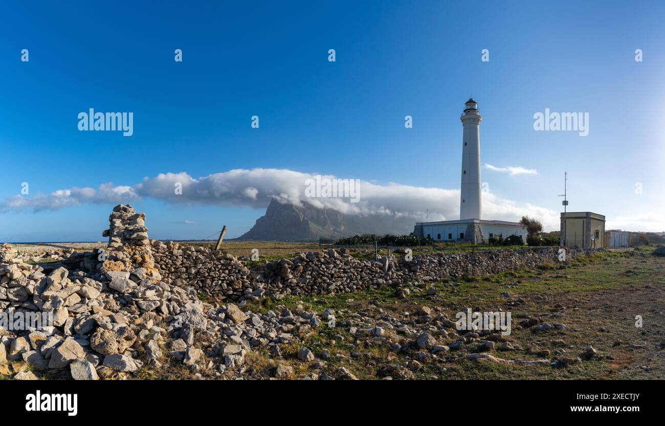 Panorama view of the Capo San Vito lighthouse with Monte Monaco behind ...