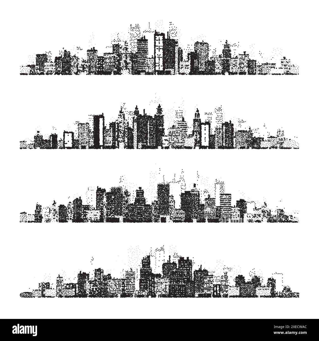Stippled city silhouettes. Cityscape, town skyline. Midtown, downtown ...