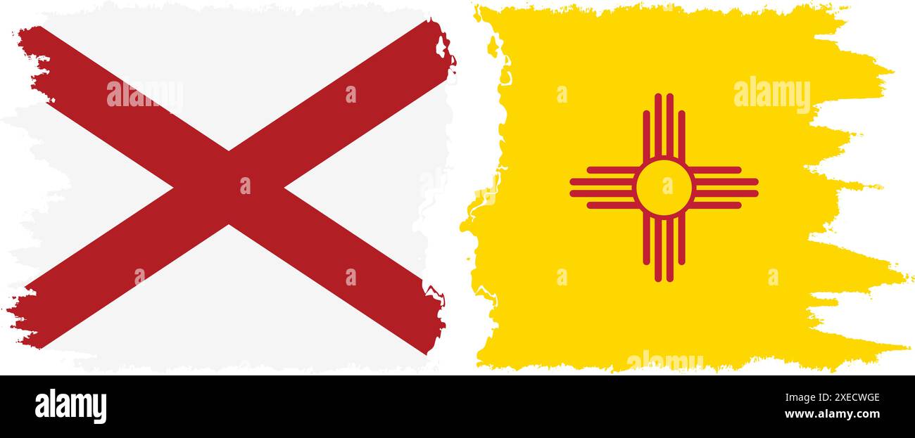 New Mexico and Alabama states grunge brush flags connection, vector ...