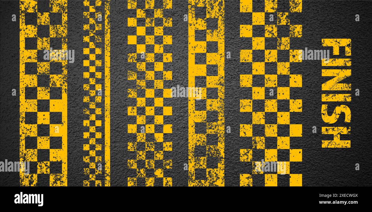 Asphalt road with yellow start or finish checkered line marking ...