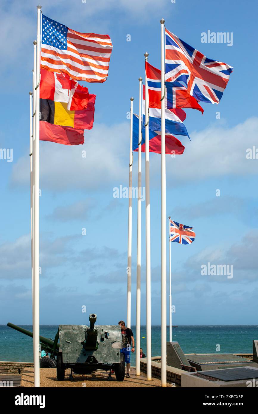 Flags of Allied Nations flying at Gold Beach, Arromanches, Normandy ...
