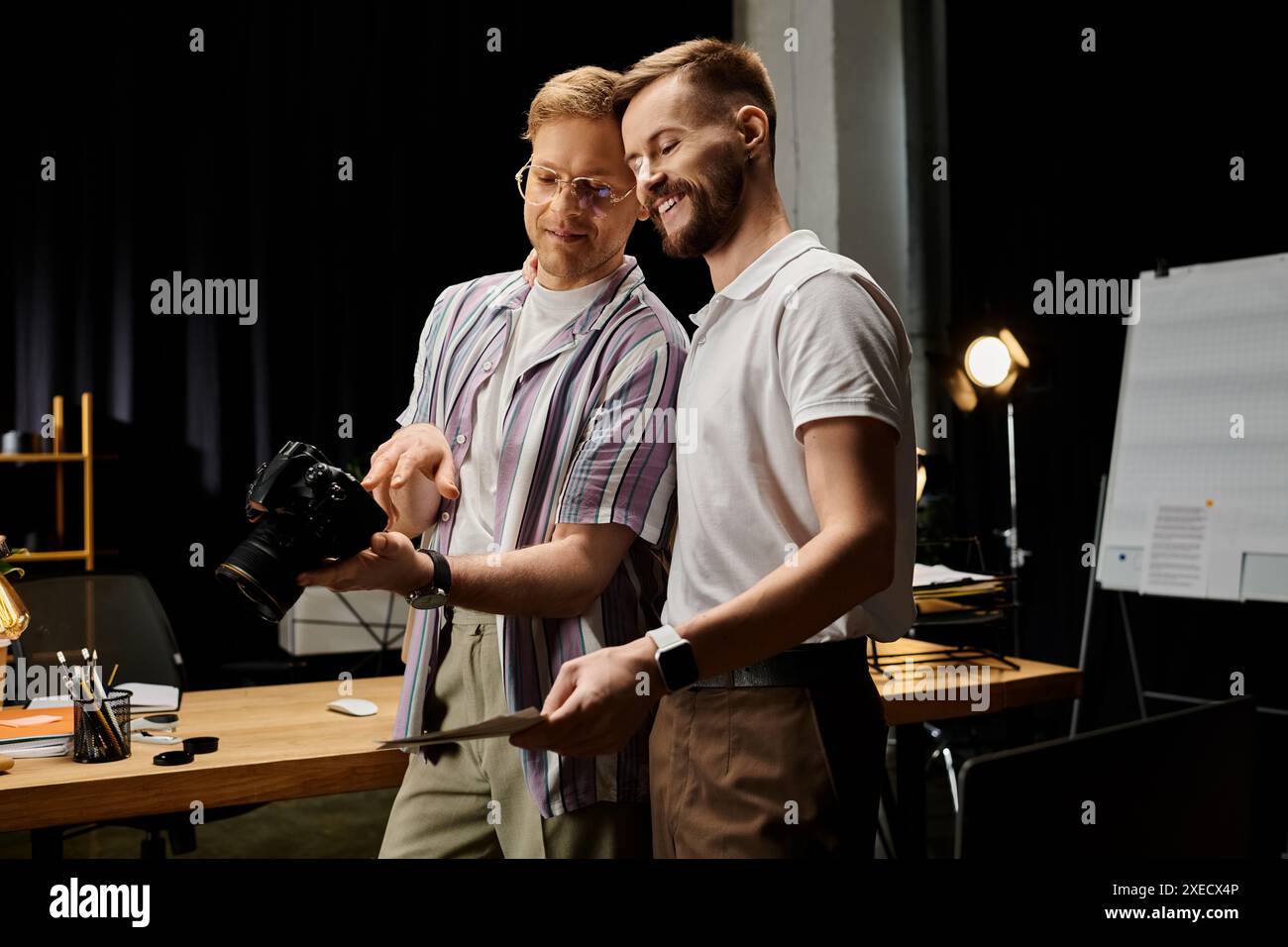 Two loving men in office attire engage in conversation during a camera ...