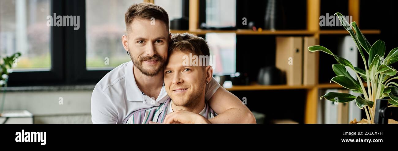 Two men lovingly hugging and looking at camera Stock Photo - Alamy