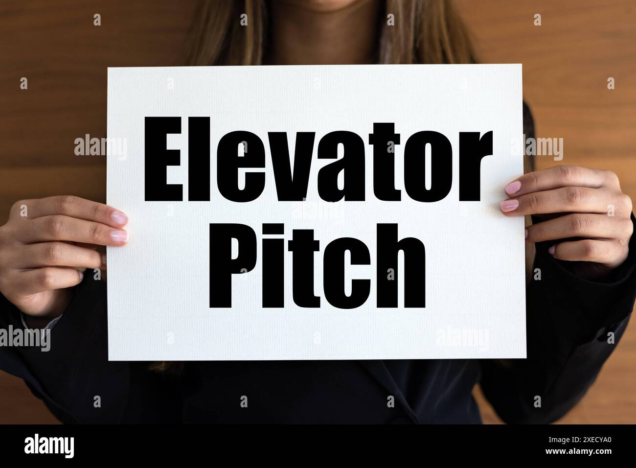 Elevator Pitch Elevator pitch. Woman with white page, black letters ...