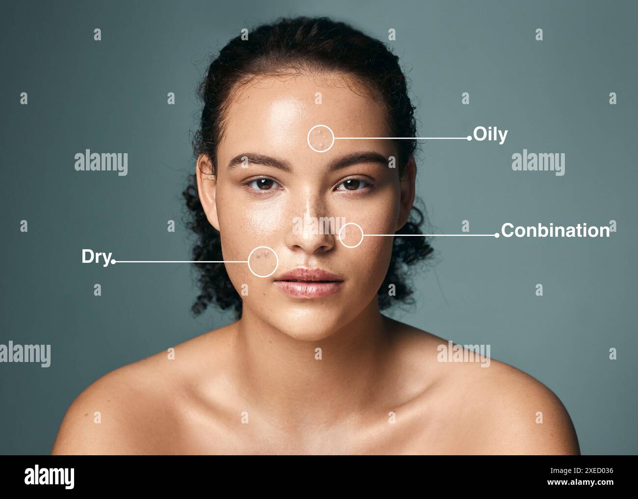 Skin type, woman and portrait with skincare analysis for dermatology ...