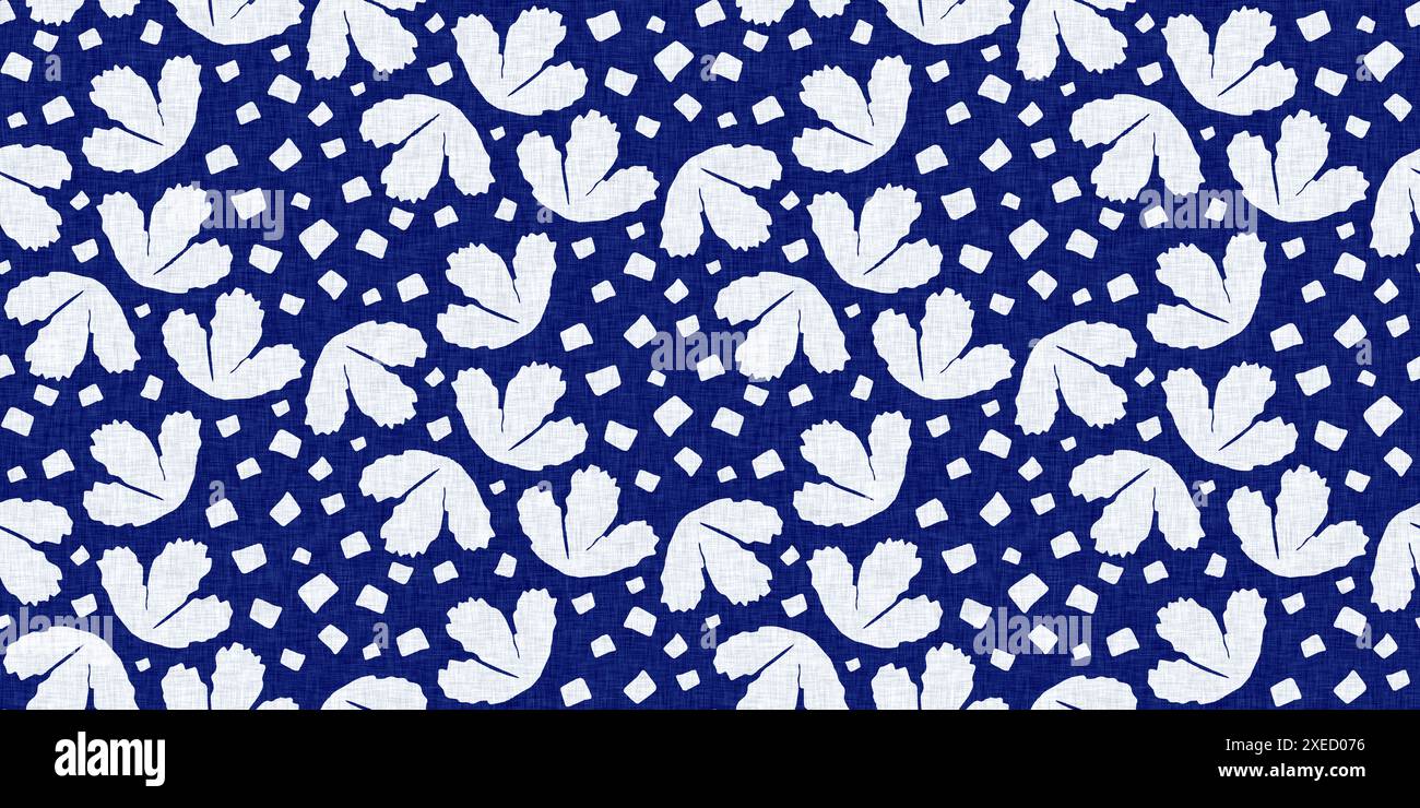 Indigo denim blue leaf motif seamless border. Japanese dye batik fabric ...