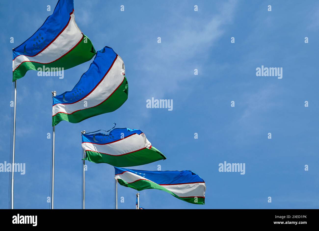 Row of flagpoles with Flags of Uzbekistan Stock Photo - Alamy