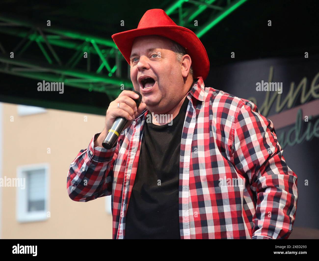 Pop singer Markus Becker performing at the Easter fire in Magdeburg's ...