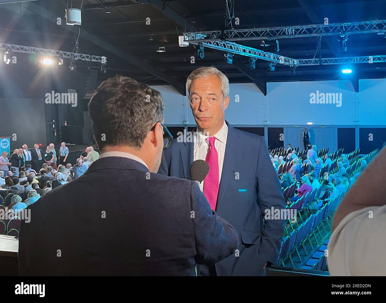 Reform UK Leader Nigel Farage speaks to the media ahead of addressing a meeting at Rainton Arena ...