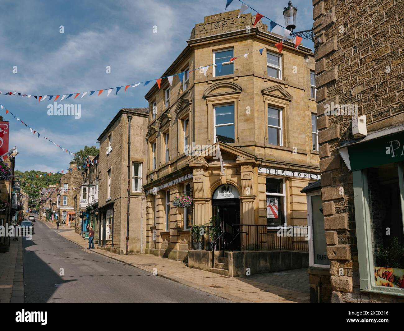 The bunting decorated High Street of Pateley Bridge, Nidderdale, North ...