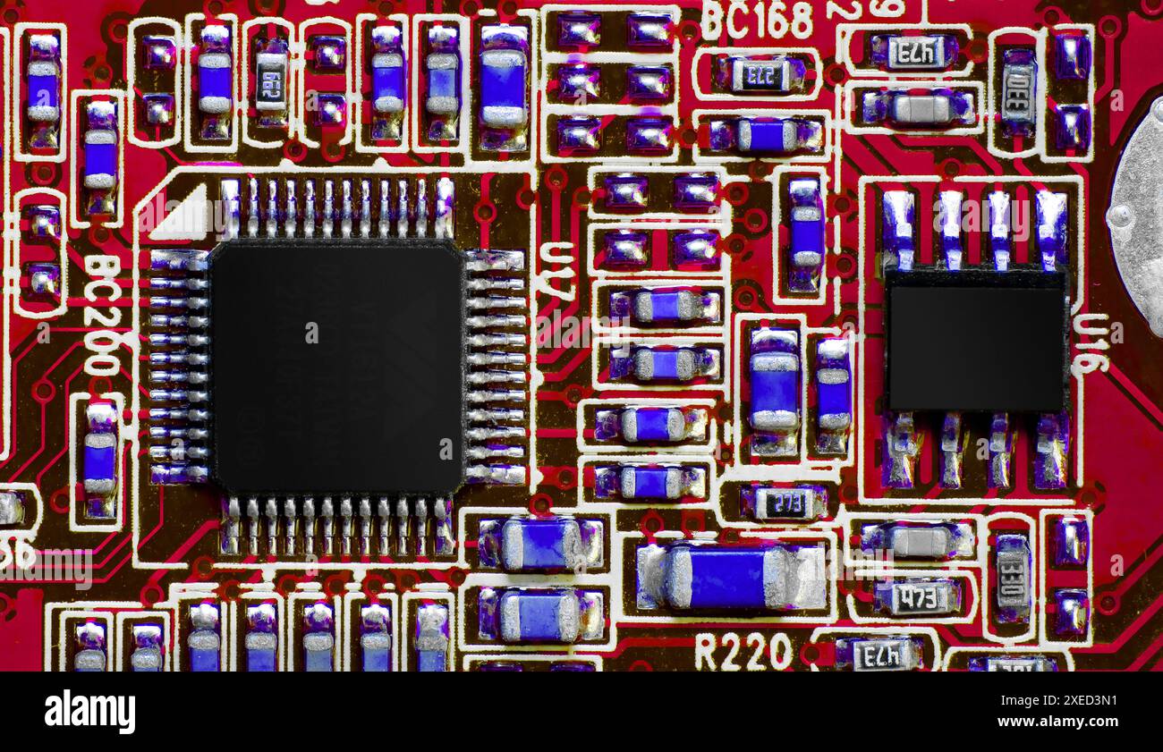 Close up of components and microchips on PC circuit board Stock Photo ...