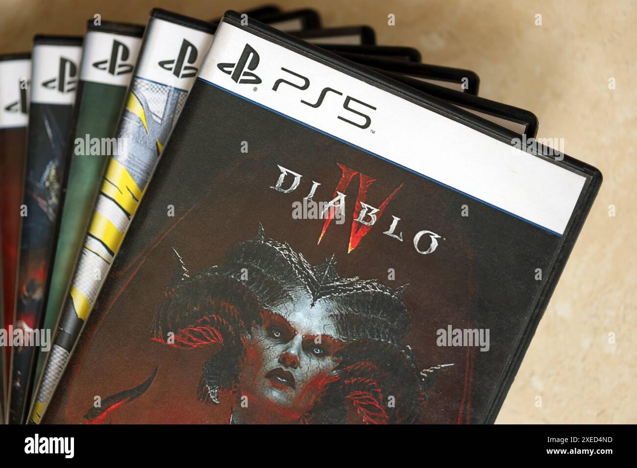 KYIV, UKRAINE - JUNE 26, 2024 Diablo 4 PS5 video game disc box for ...