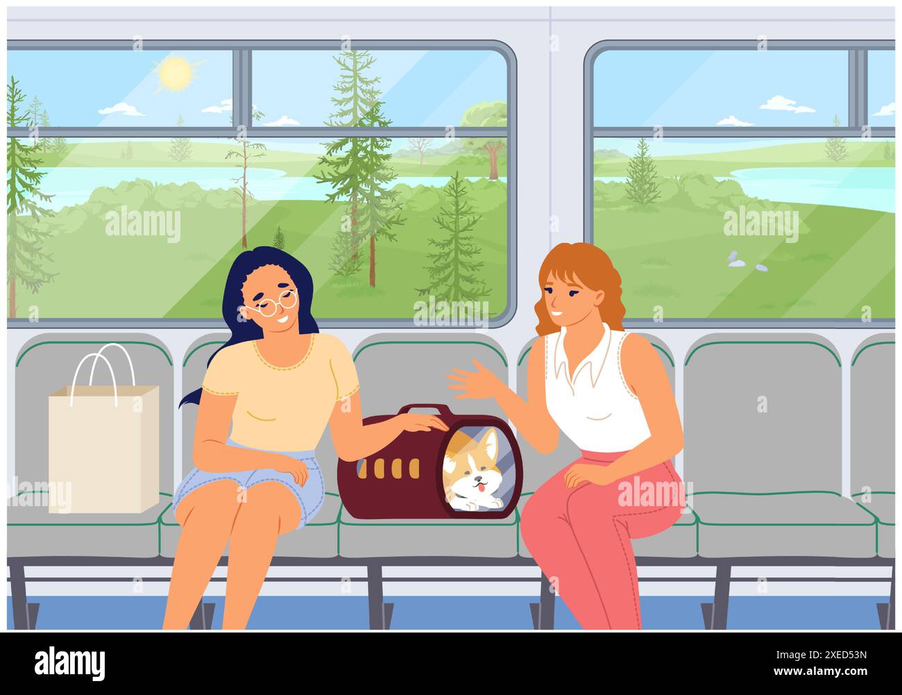 Happy girls with pet in carriage traveling inside train vector ...