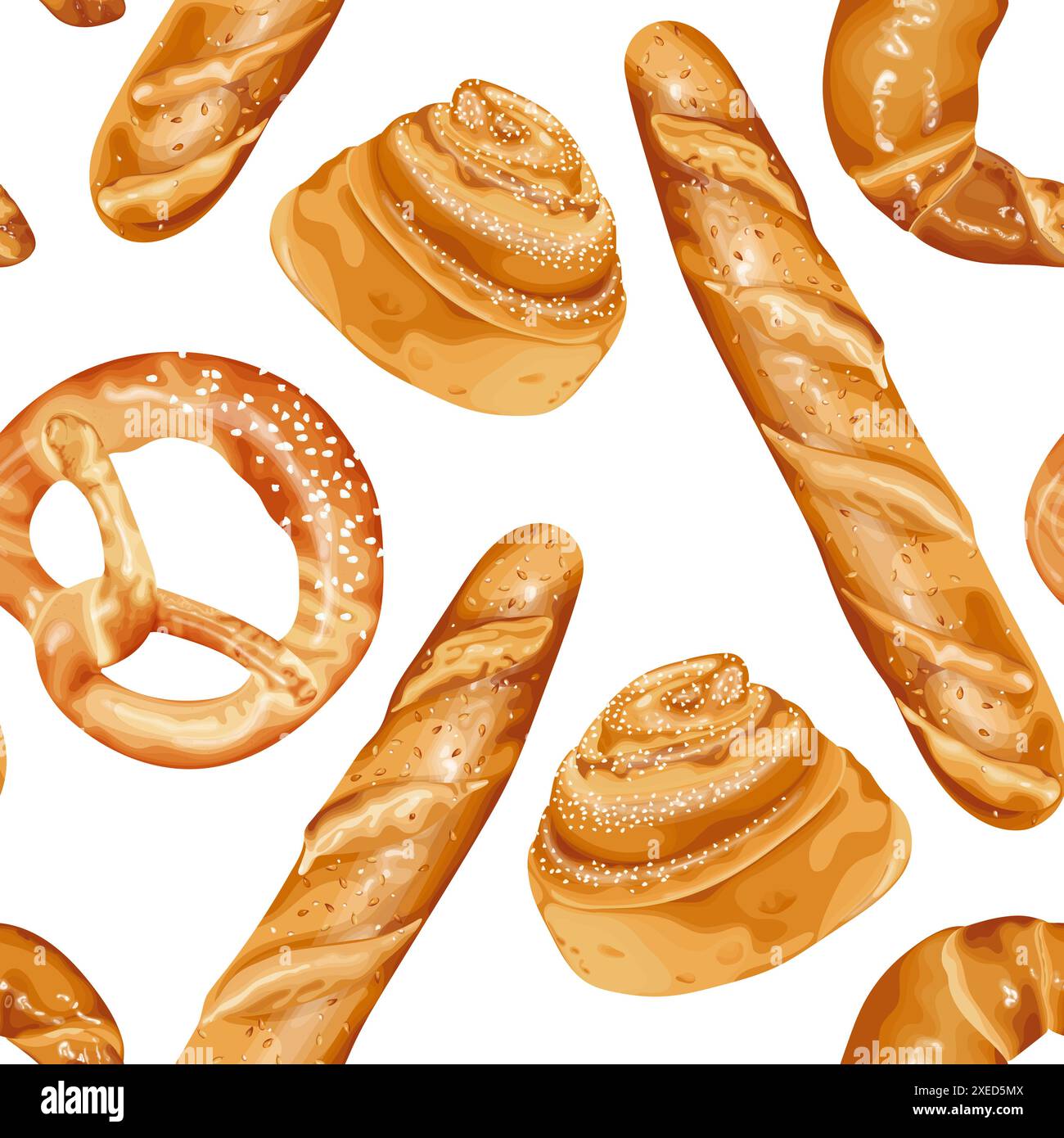 Seamless pattern with pastries baguette, croissant, cinnamon roll ...