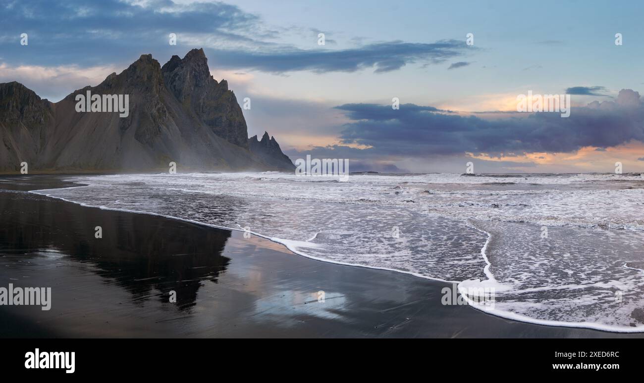 Sunrise Stokksnes cape sea beach and Vestrahorn Mountain with its ...