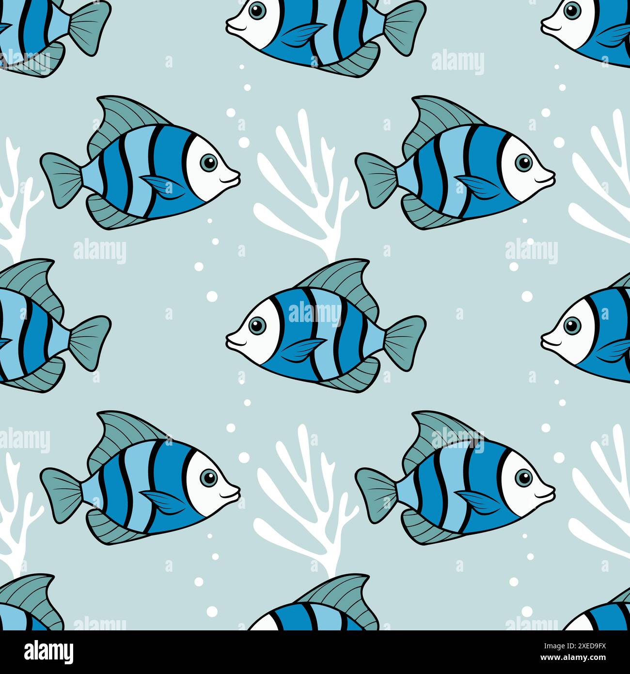 Sea bottom pattern with blue fish and algae on pastel blue background ...