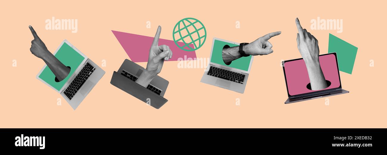 Panoramic collage picture laptop network internet connection web ...