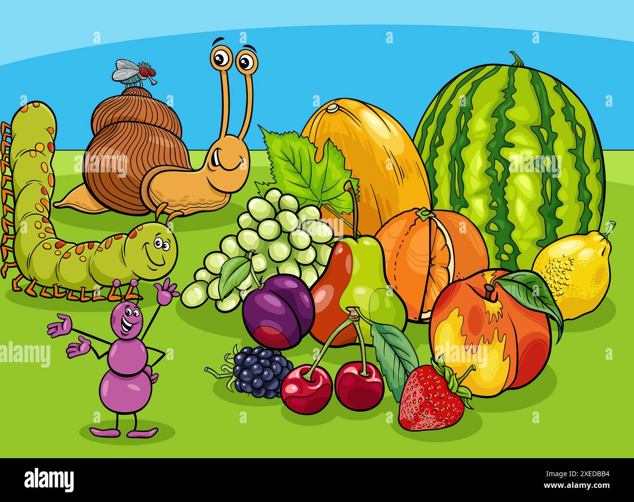 Cartoon insects characters and snail with fresh fruit Stock Photo - Alamy