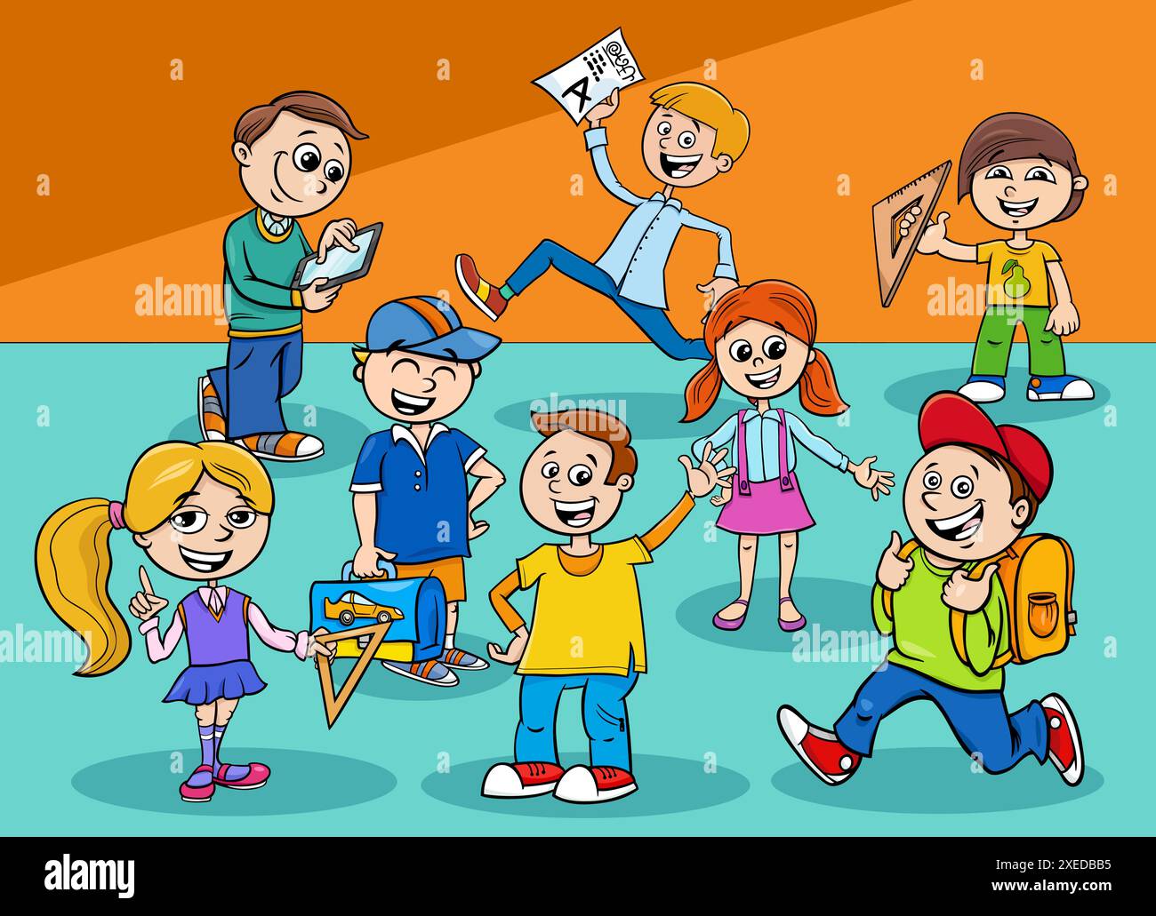 Cartoon elementary school children characters group Stock Photo - Alamy