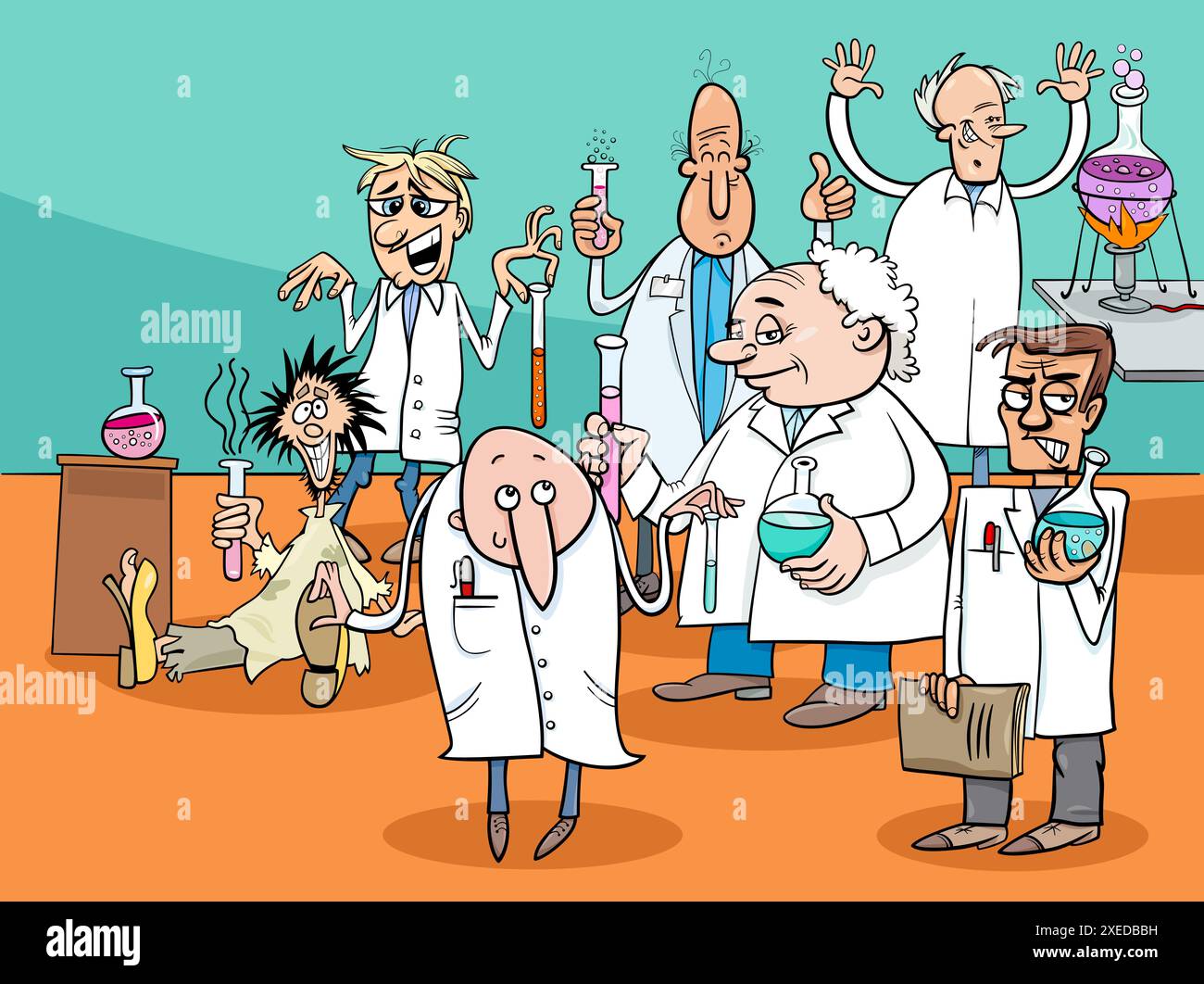 Cartoon scientists or inventors characters group in the lab Stock Photo ...
