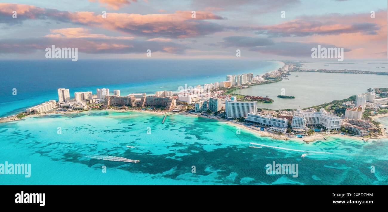 View of beautiful Hotels in the hotel zone of Cancun at sunset. Riviera ...