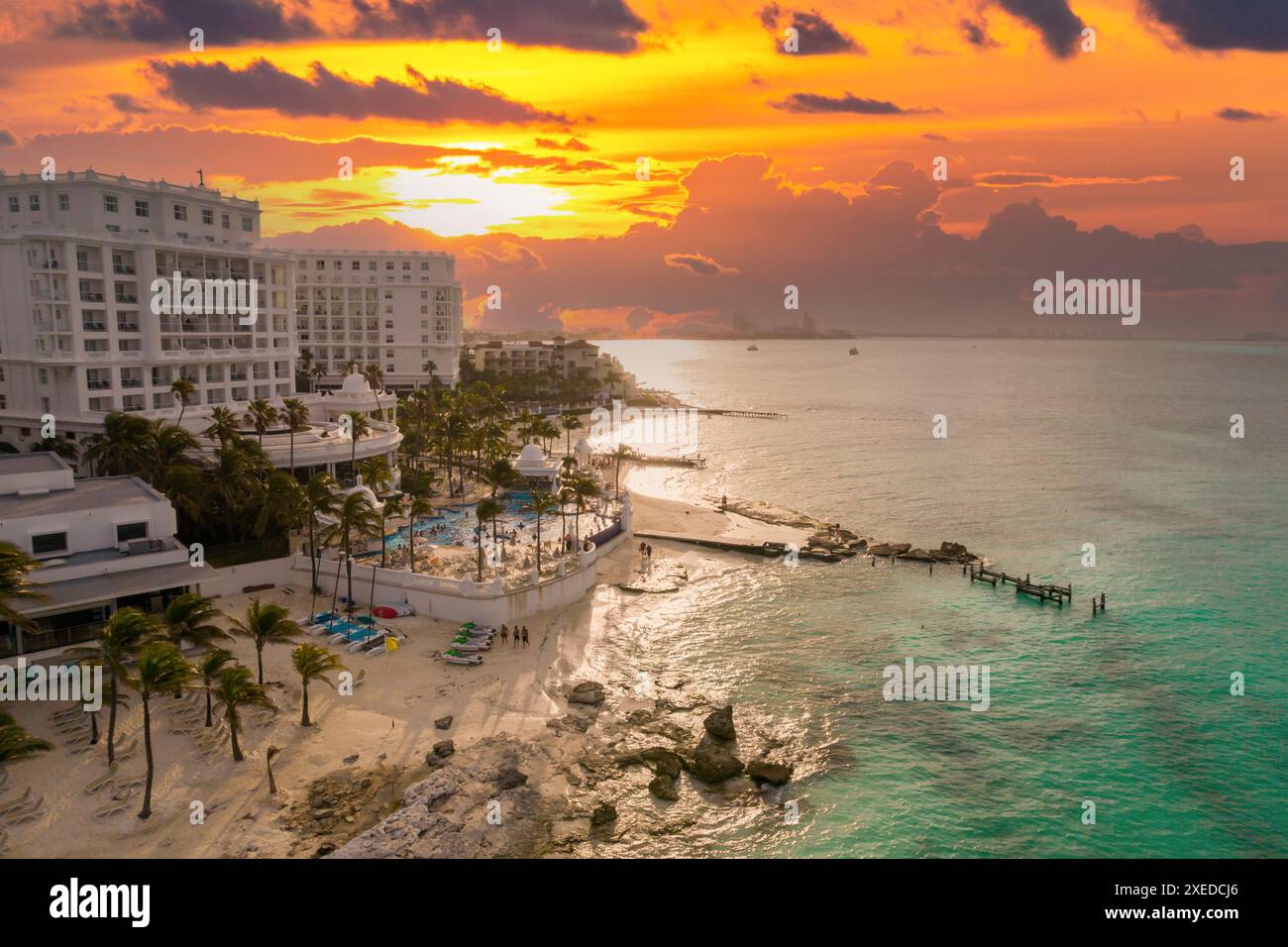View of beautiful Hotels in the hotel zone of Cancun at sunset. Riviera ...