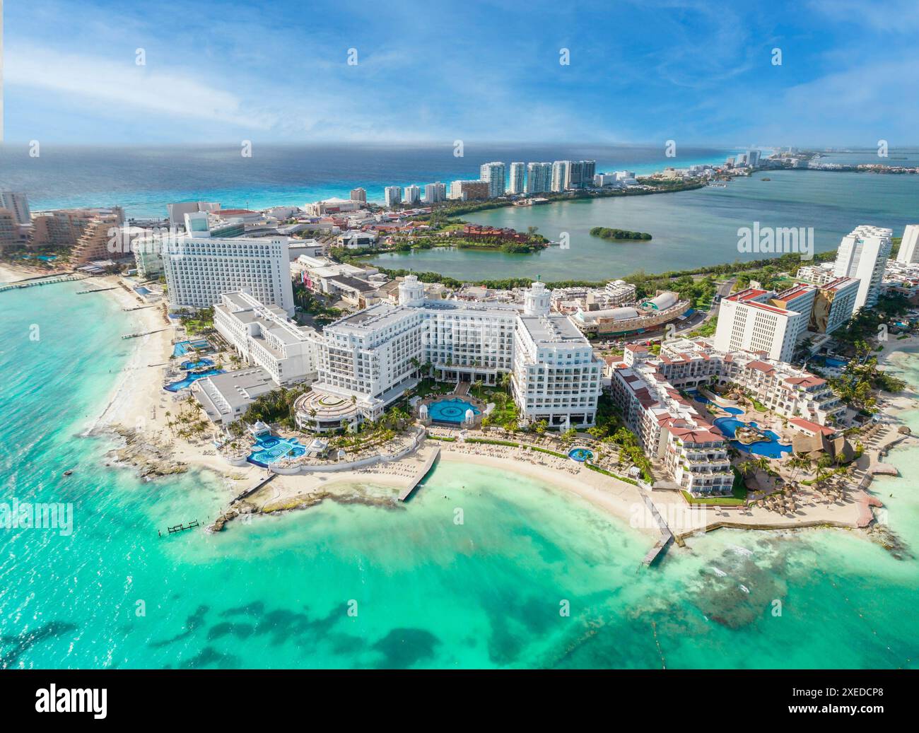 View of beautiful Hotels in the hotel zone of Cancun. Riviera Maya ...