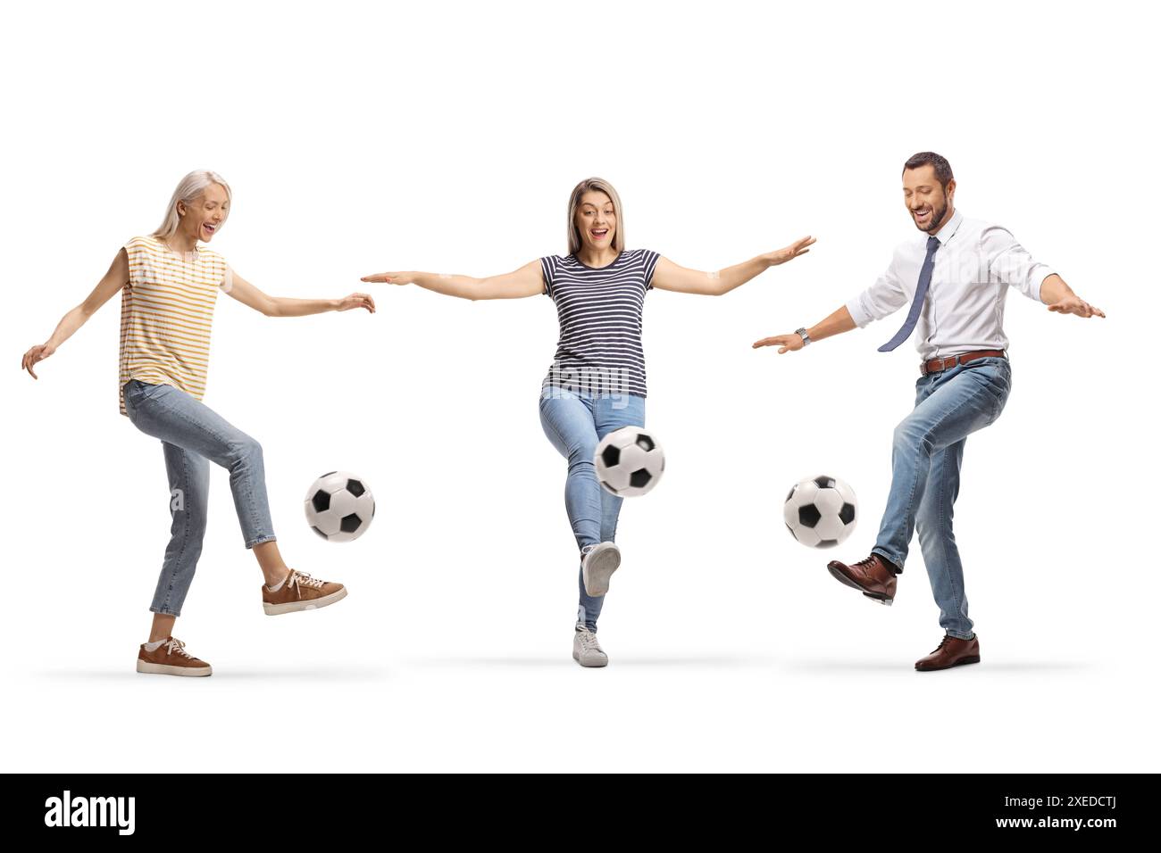 Group of people kicking footballs and smiling isolated on white ...