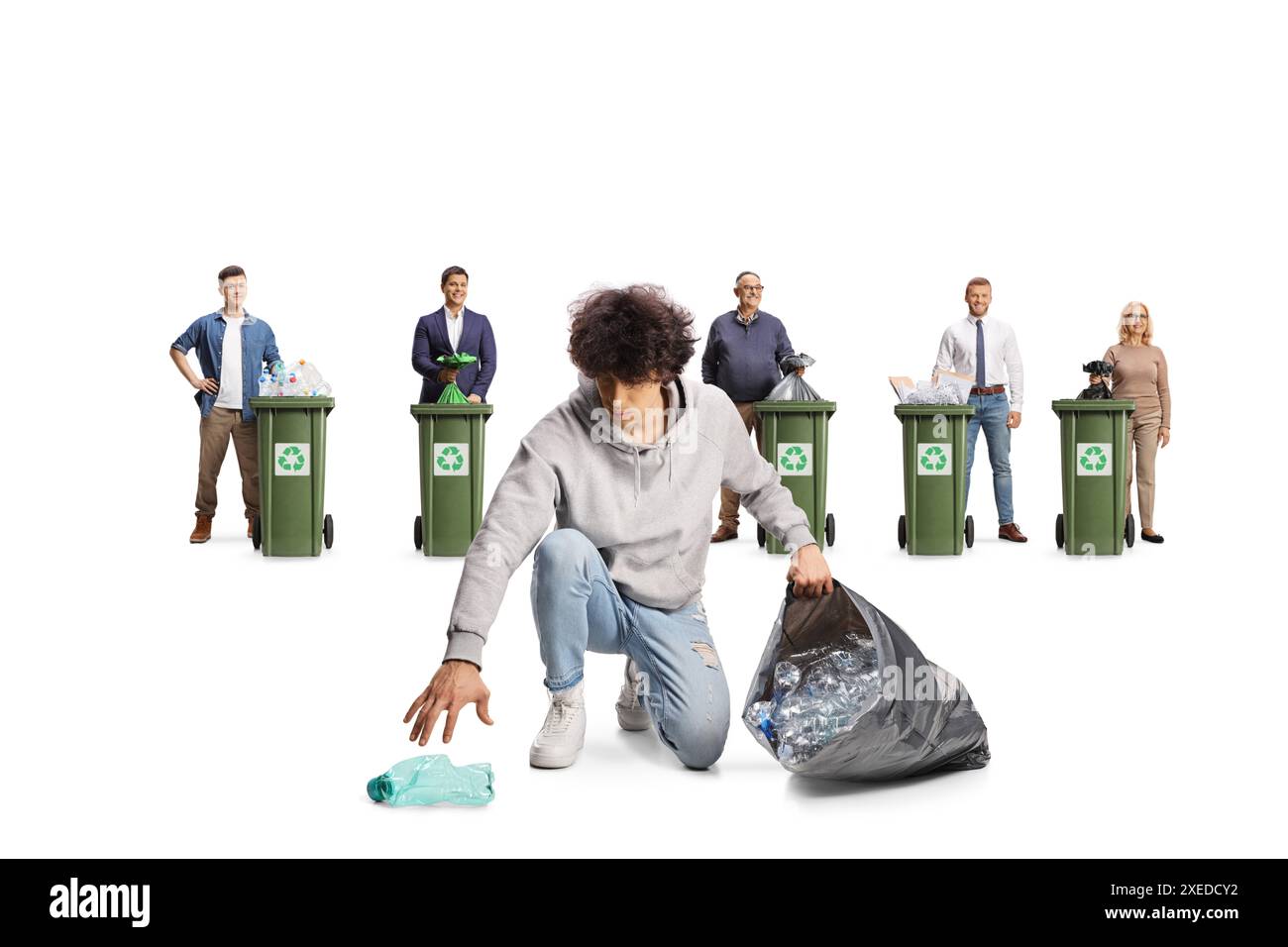 People with recycling bins and man collecting plastic bottles from the ...